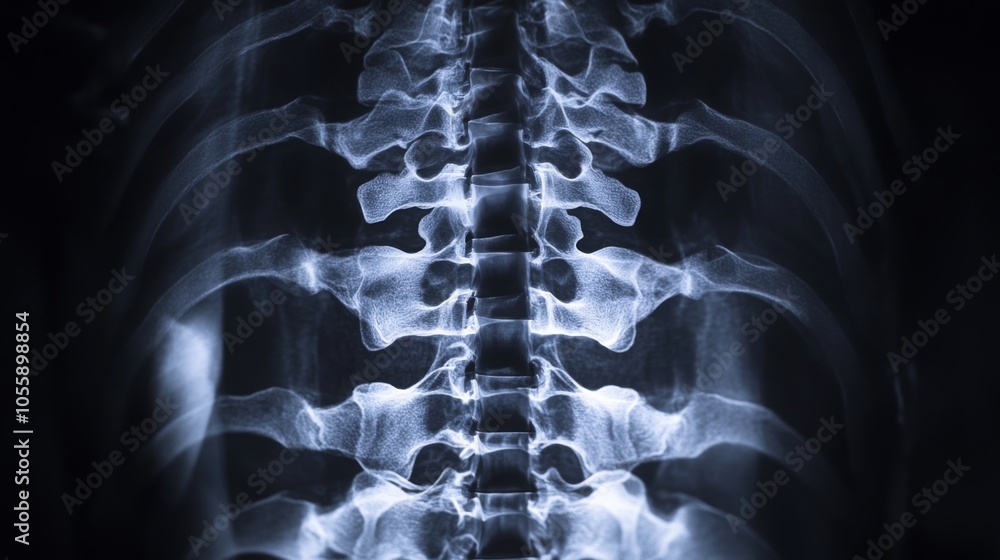 The image shows a detailed x-ray of a human spine. The vertebrae are ...