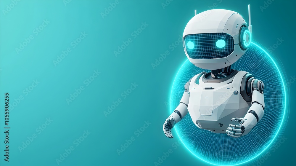 Cute Robot Floating Above Neon Blue Futuristic Portal with Innovative ...