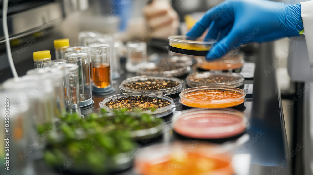 Soil scientists examining the microbiome of a sample in a lab, with ...