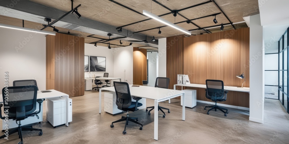 modern office interior, open plan workspace, minimalist design, wooden ...