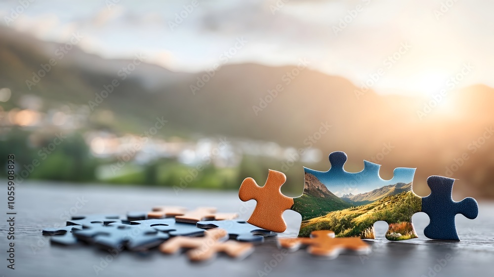Puzzle Pieces Forming a Captivating Landscape Artwork with Vivid Colors ...