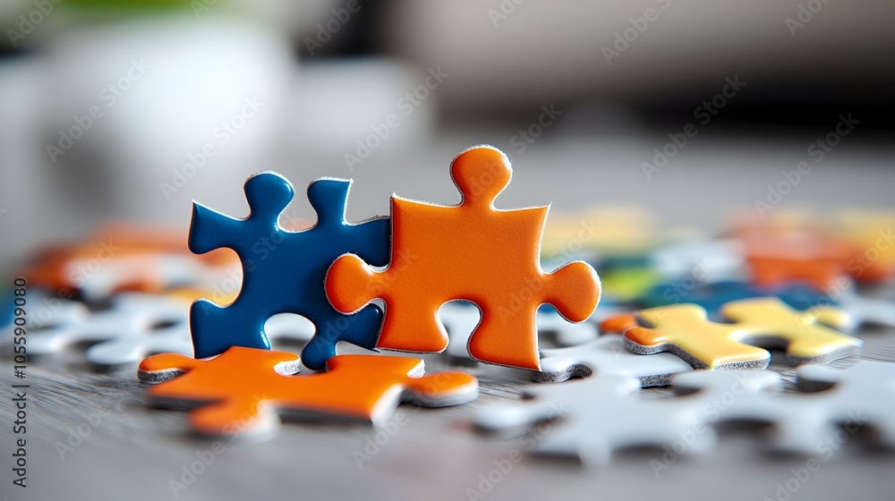 Vibrant colorful puzzle pieces in the process of assembling to form a ...