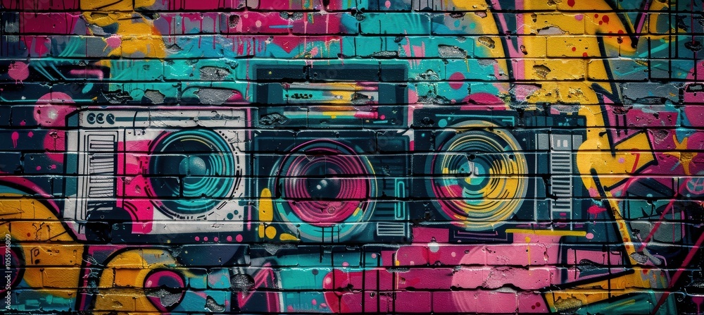 Retro 90s Graffiti Banner with Neon Colors and Boom Box on Brick Wall ...