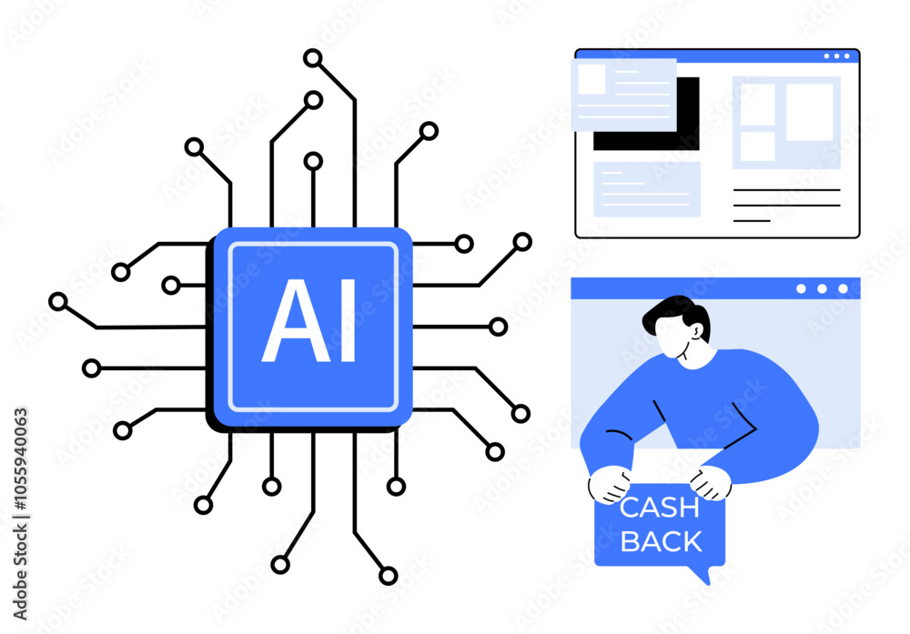Central AI chip connected to circuits, a web interface showing webpage ...