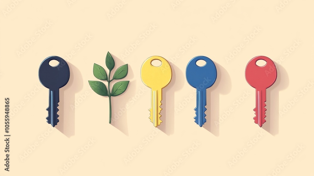 Colorful keys and a green plant on a simple background, symbolizing ...
