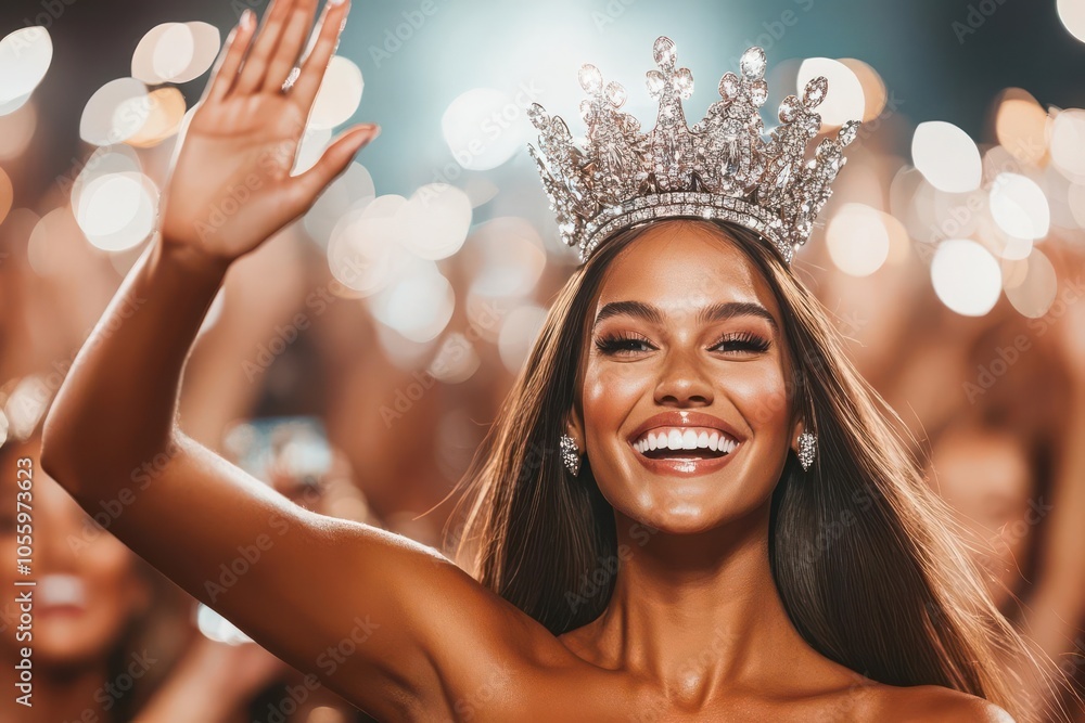Artistic depiction of a Miss Universe winner waving to the audience as ...