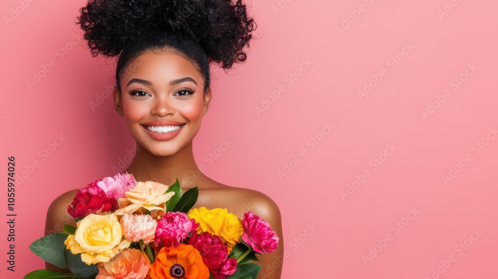 Closeup of a contestant holding a bouquet of flowers after being ...