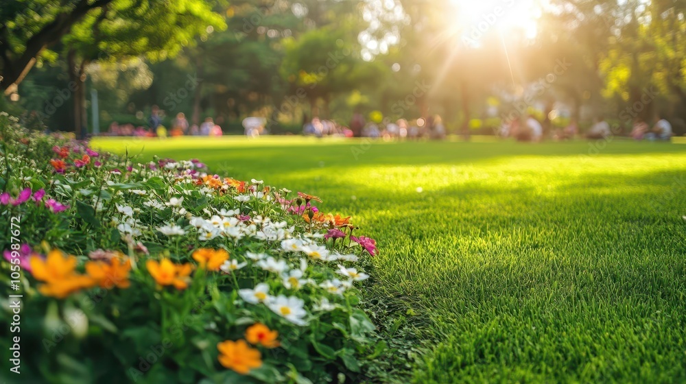 lush green lawn in a vibrant urban park, dotted with colorful flowers ...