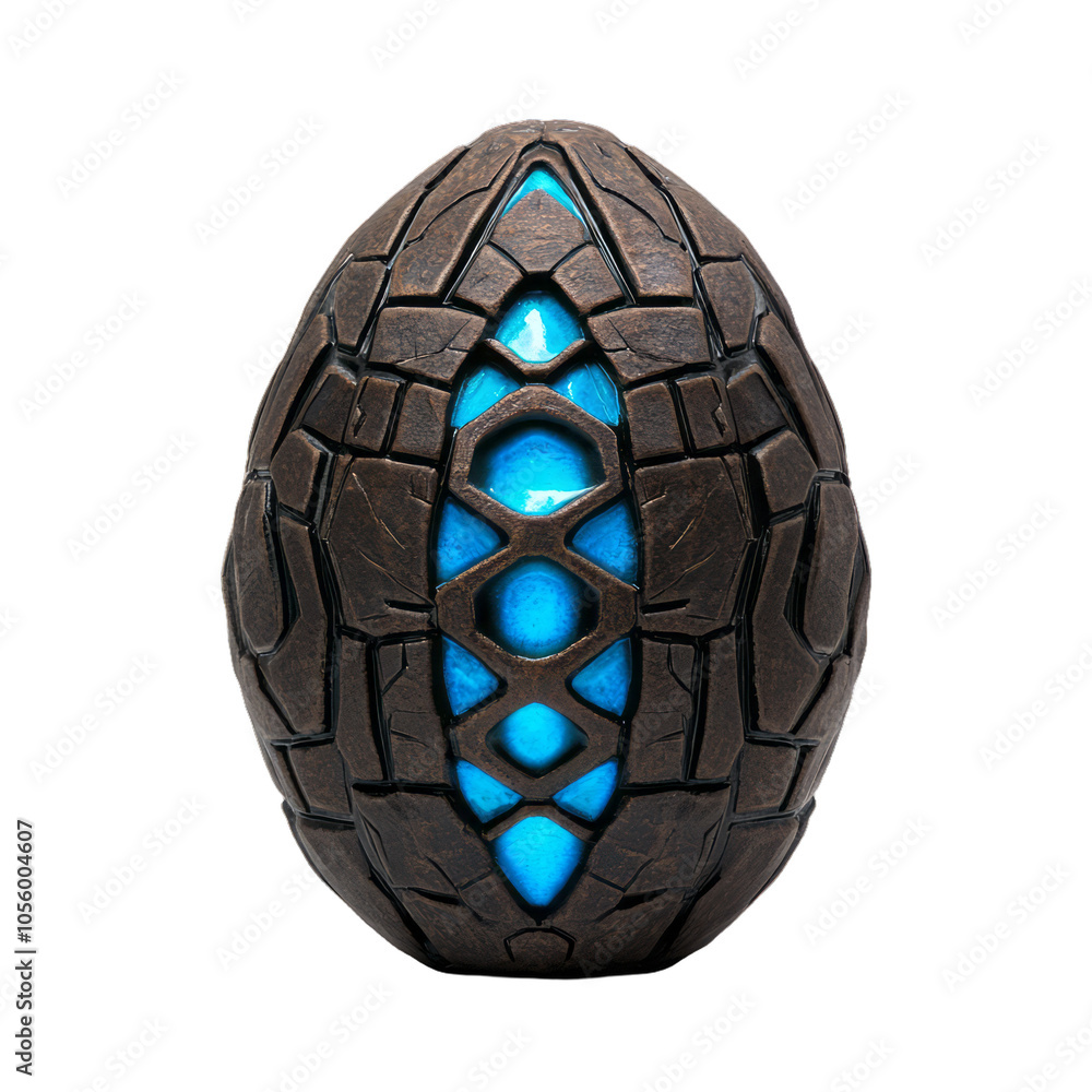 Alien artifact with intricate symbols and a glowing blue core ...