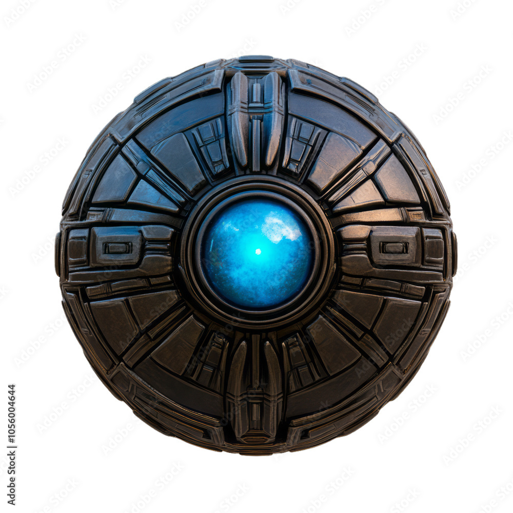 Alien artifact with intricate symbols and a glowing blue core ...