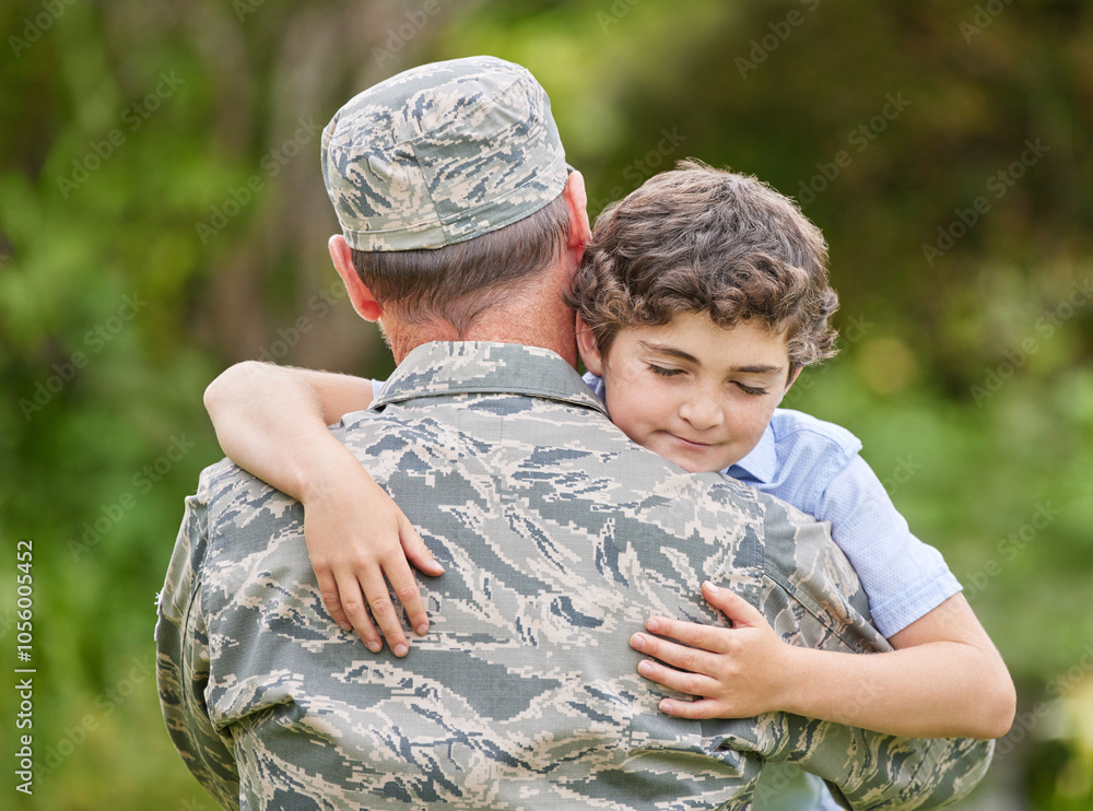 Man, soldier and hug child outdoor for return home, military welcome ...
