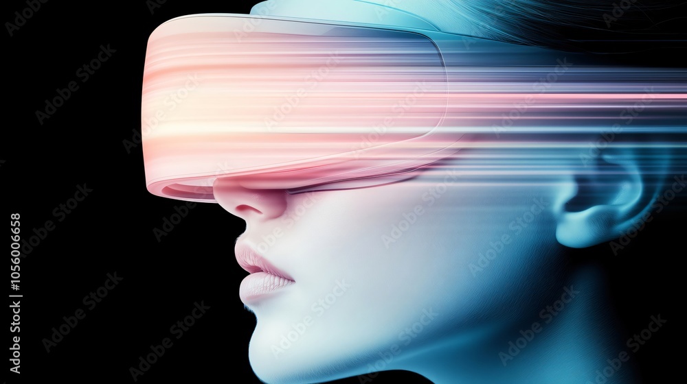 Profile view of female face wearing virtual reality goggles with ...