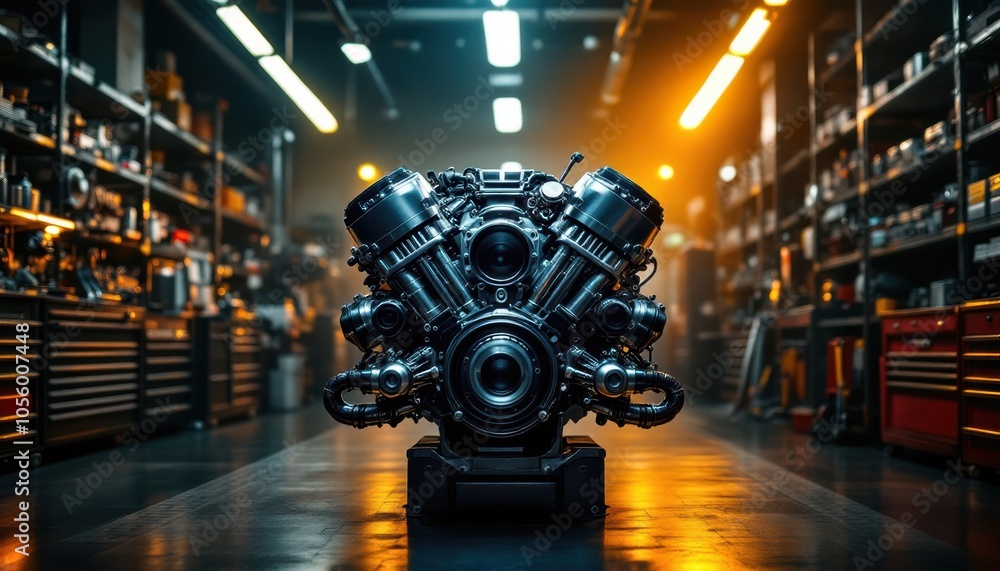 Garage auto engine sports car, exploded view messy space. OCD nightmare ...