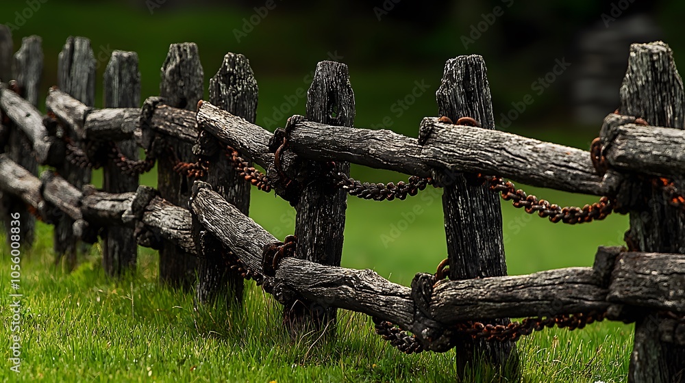 Weathered Resilience: Chains draped over an old wooden fence, their ...