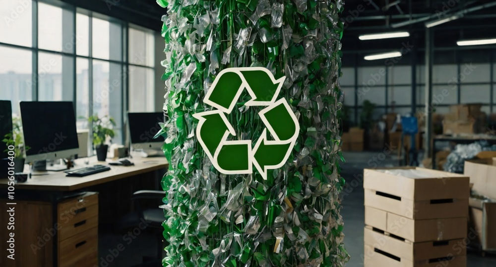 Green recycle symbol icon sign with professional environment background ...