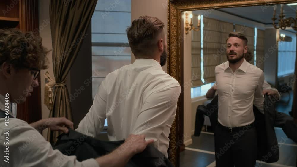 Man trying on new elegant suit with help of salesman and looking at his ...