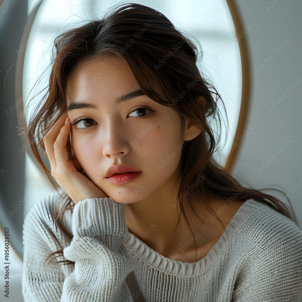 self confident women look in the mirror brush up their hair and admire ...