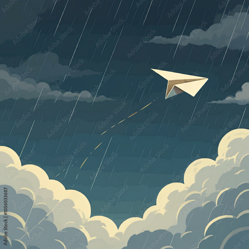 paper plane fying in the sky, rainy weather paper airplane in the storm ...