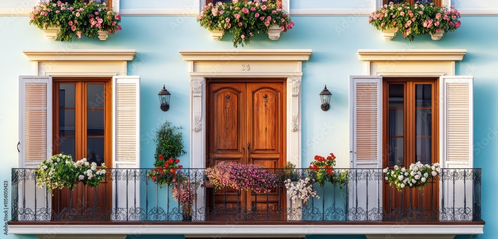 A traditional townhouse with classic wooden doors, charming balcony ...
