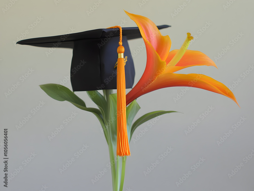 Graduation cap on an orange lily with green leaves against a light grey ...