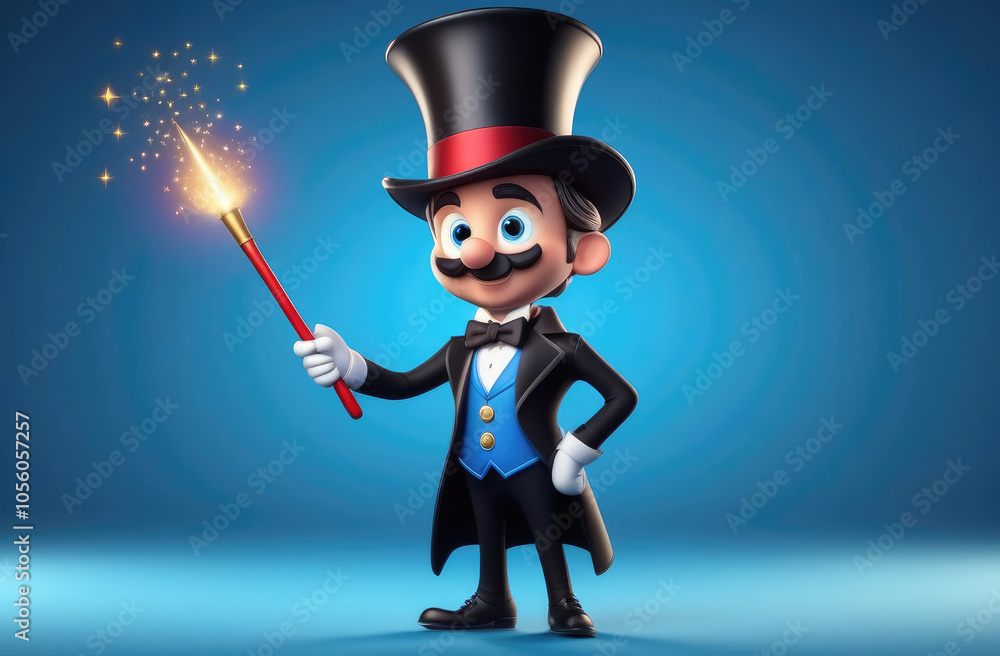 charming cartoon magician with top hat and wand creating magic on ...