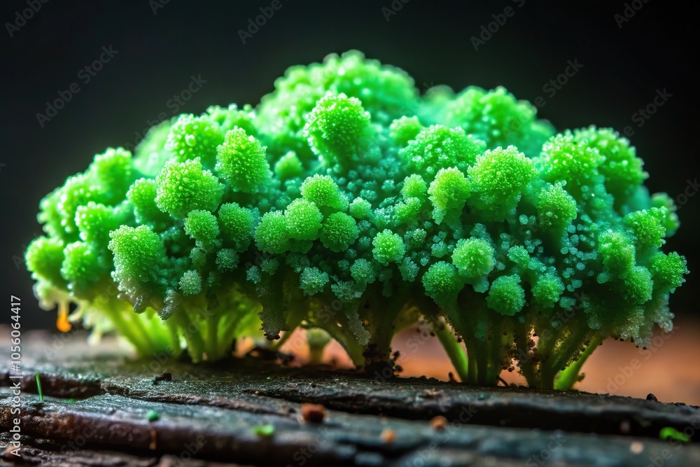 Thick green slime mold growing on a dark background, slimy fungus, sci ...