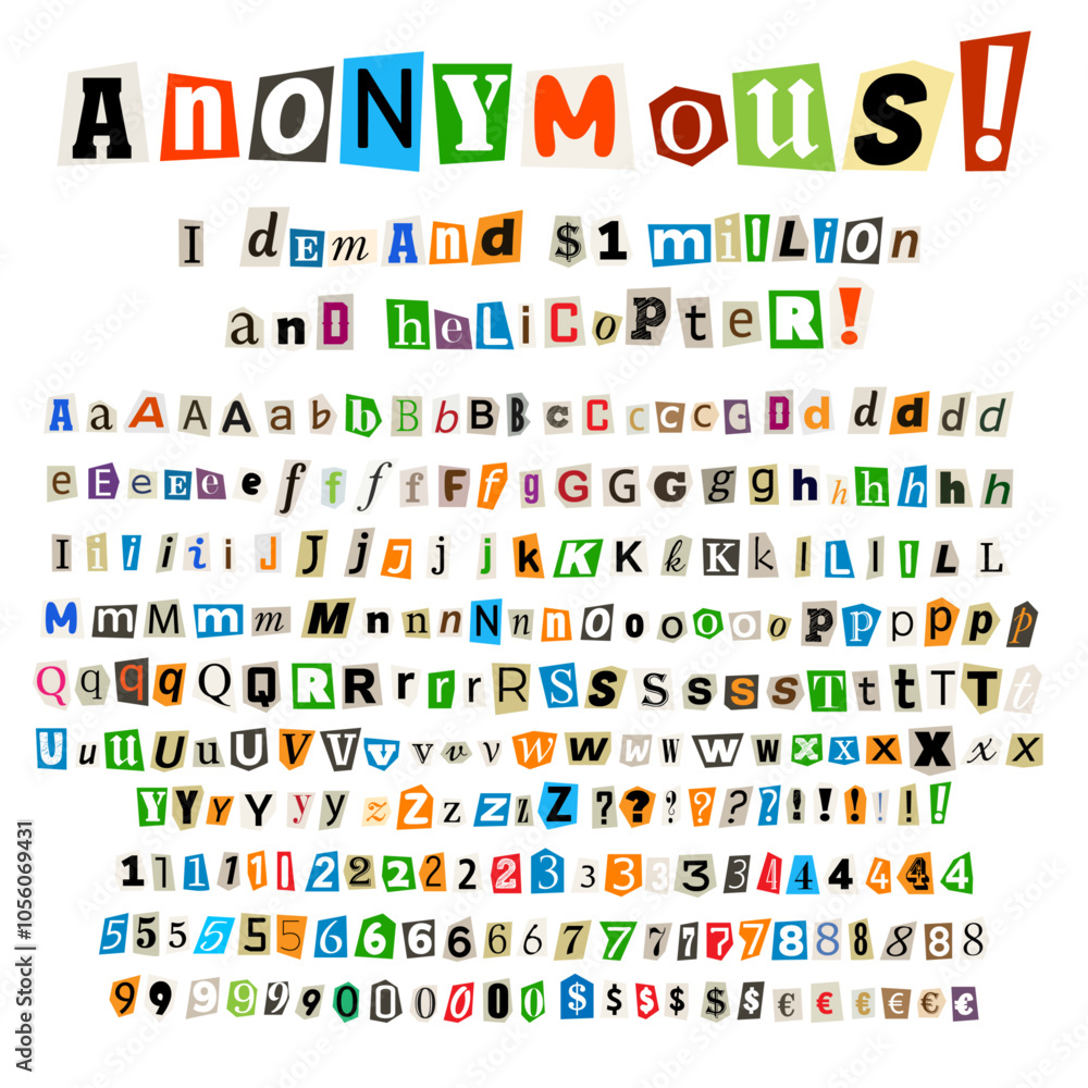 Anonymous color criminal letters cut from newspapers and magazines. Cut ...