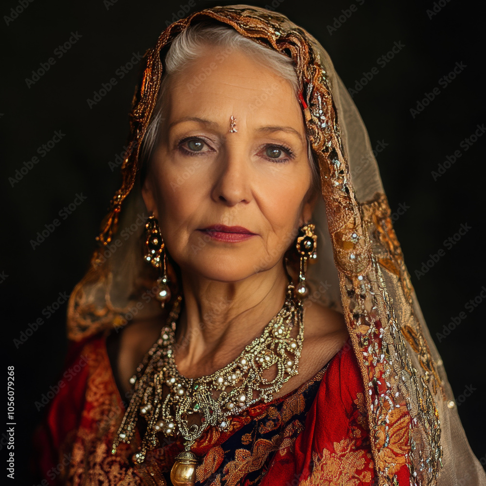 An old and beautiful woman wears sparkling jewelry, her elegance ...