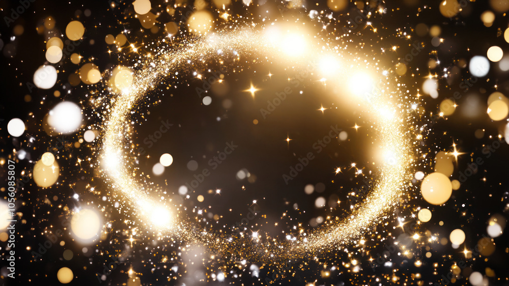Glowing circular ring of golden sparkles on dark background. Abstract ...
