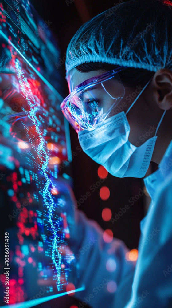 Scientist manipulating the holographic DNA, symbolizing the precision ...