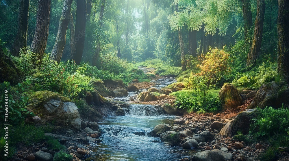 Forest stream winding through rocky pathways. Stock Photo | Adobe Stock