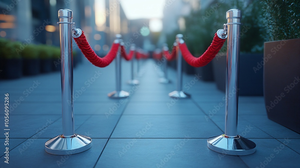 Seamless lineup of barriers with red ropes on silver stanchions ...
