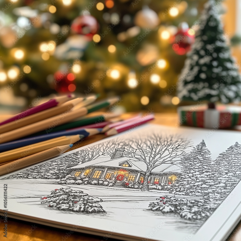 Coloring book page for adults, Christmas-themed with a lightly colored ...
