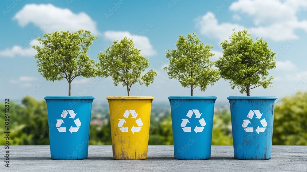 Sorting Waste Bins: A close-up of blue, green, and yellow recycling ...
