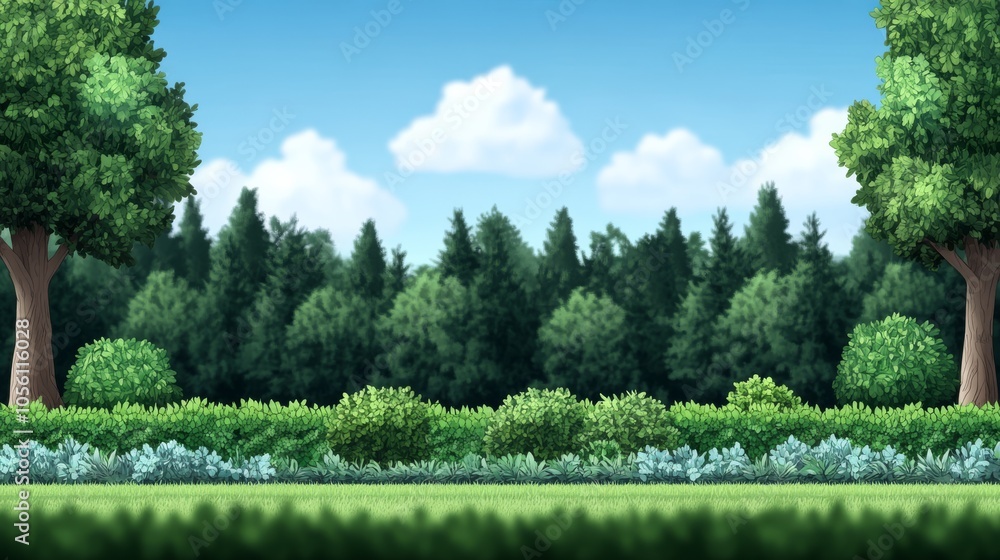 This garden map features towering tree trunks and vibrant bushes ...