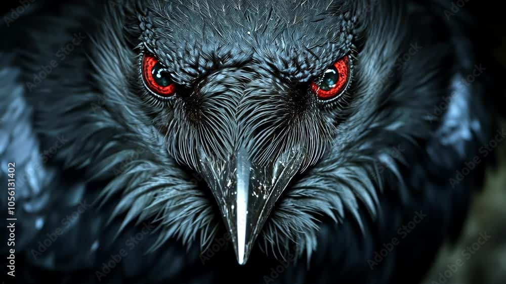 A close-up of a raven with piercing red eyes staring intently at the ...