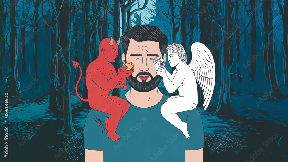 Illustration of a man in an internal struggle, with a devil on one ...
