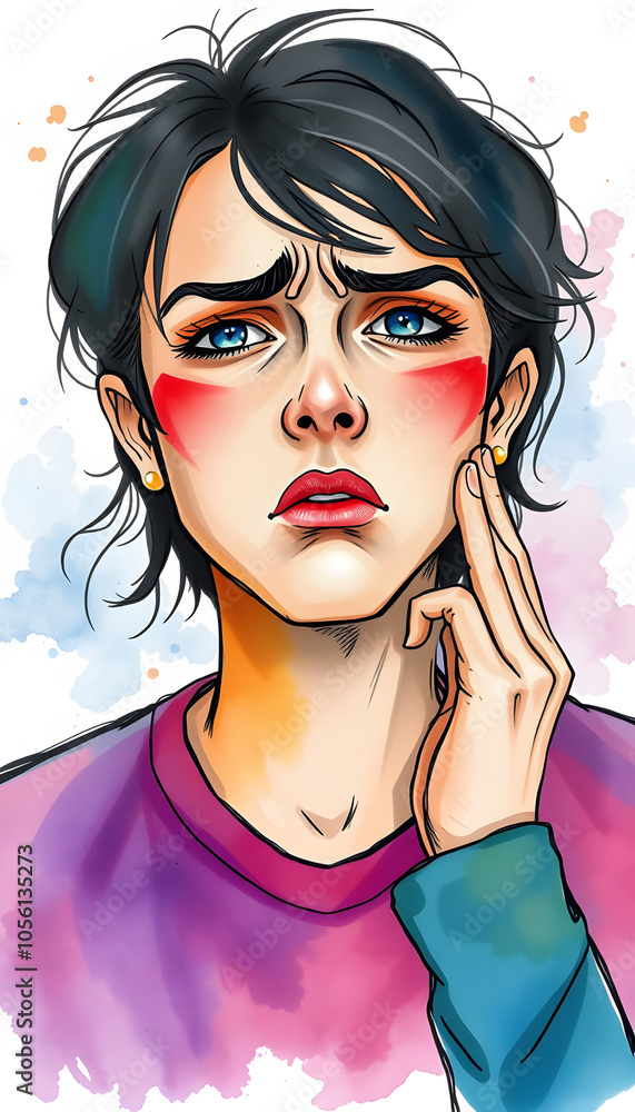 Social phobia anxiety disorder, SAD. Conceptual colourful illustration shows a person with ...