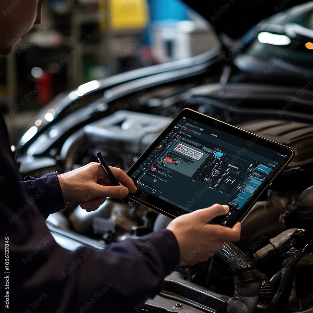 Mechanic Diagnosing Car/Engine with Tablet Computer Stock Illustration ...