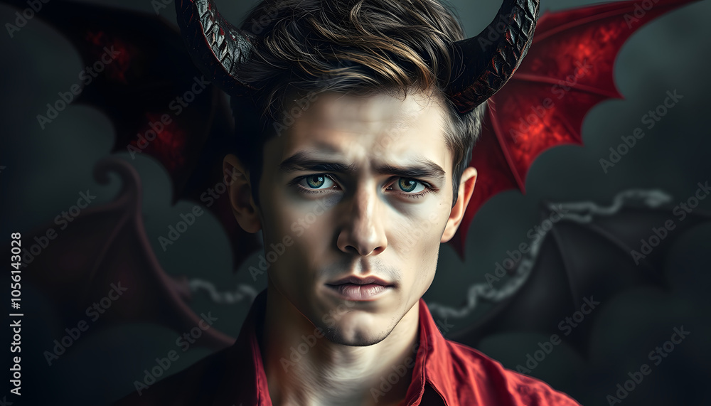 Hidden self. Young man in image of devil. Following emotions, dark side ...