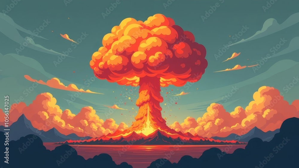 Flat style illustration of a nuclear explosion mushroom cloud ...