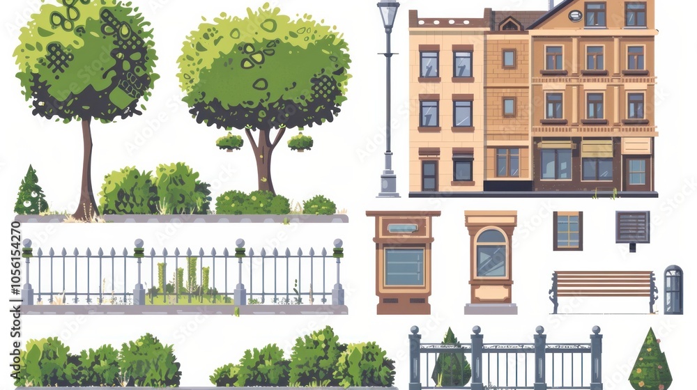 City infrastructure elements with urban building, park kit, fence, bush ...