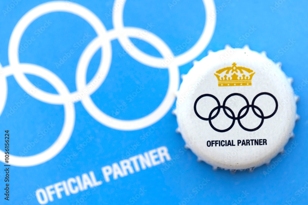 LONDON, UK - October 2024 : The Olympic symbol, made up of five ...