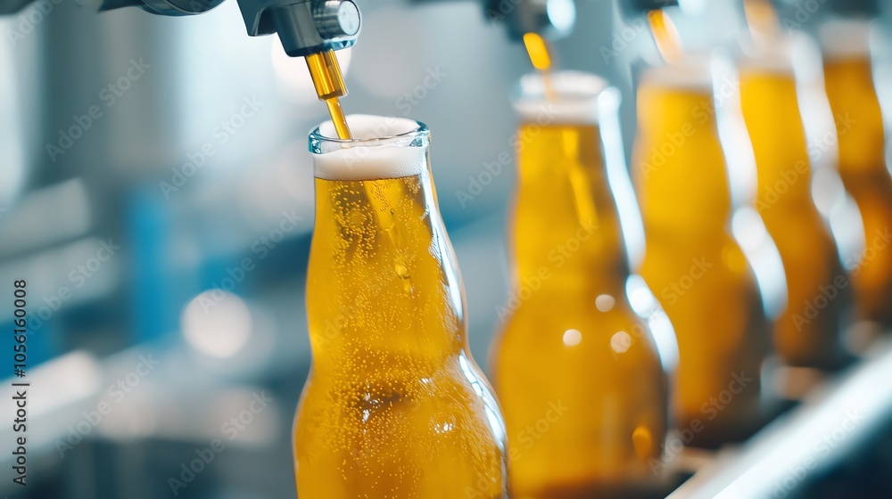 Freshly brewed beverage being bottled in a modern brewery setting ...
