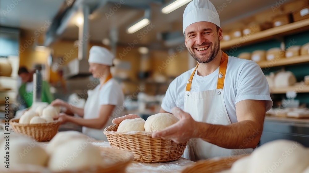 A cheerful baker proudly holds fresh dough in a bustling bakery ...