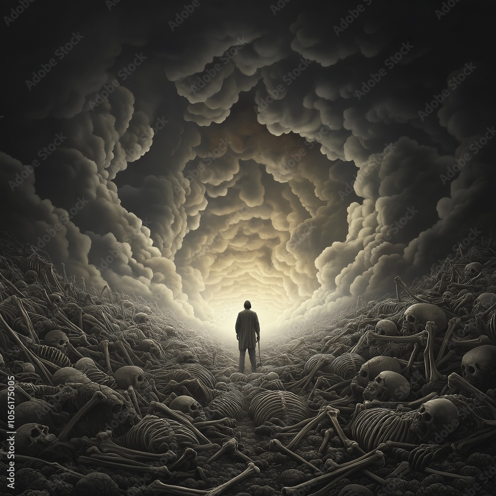 Ezekiel stands in a desolate valley filled with dry bones, gazing into ...