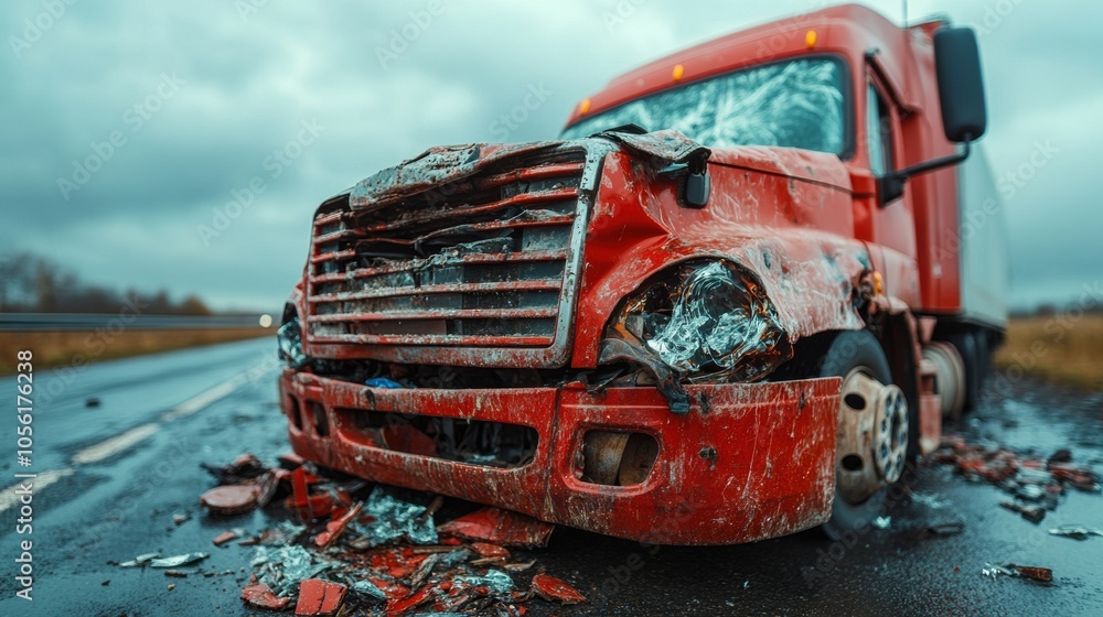 Damaged red truck after a highway accident on a rainy day, crushed ...