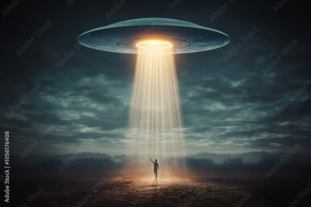 Alien abduction scene with a beam of light pulling a person upwards ...
