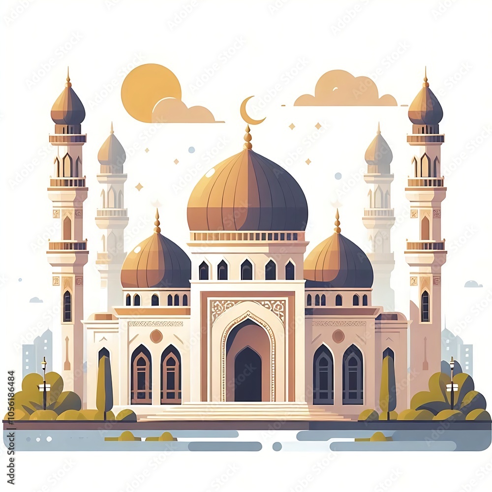 Flat, isolated illustration of a mosque featuring prominent domes and ...
