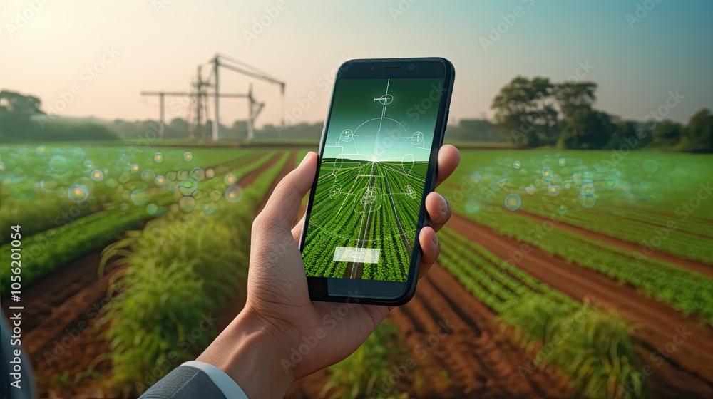 concept of smart farming in agriculture industry, mobile phone with ...